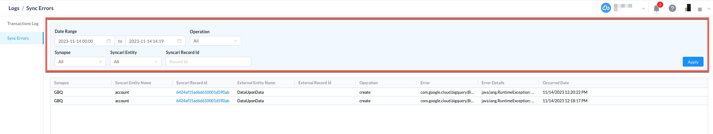 Using Sync Errors – Syncari